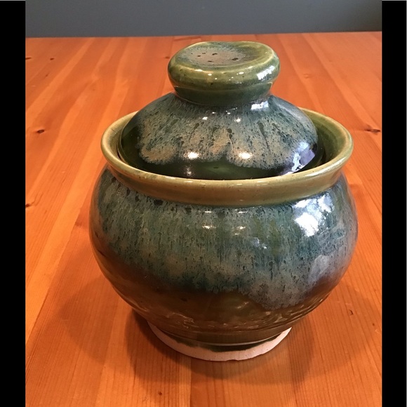 Accents | Pottery Lidded Canister Green Blue Drip Glaze | Poshmark